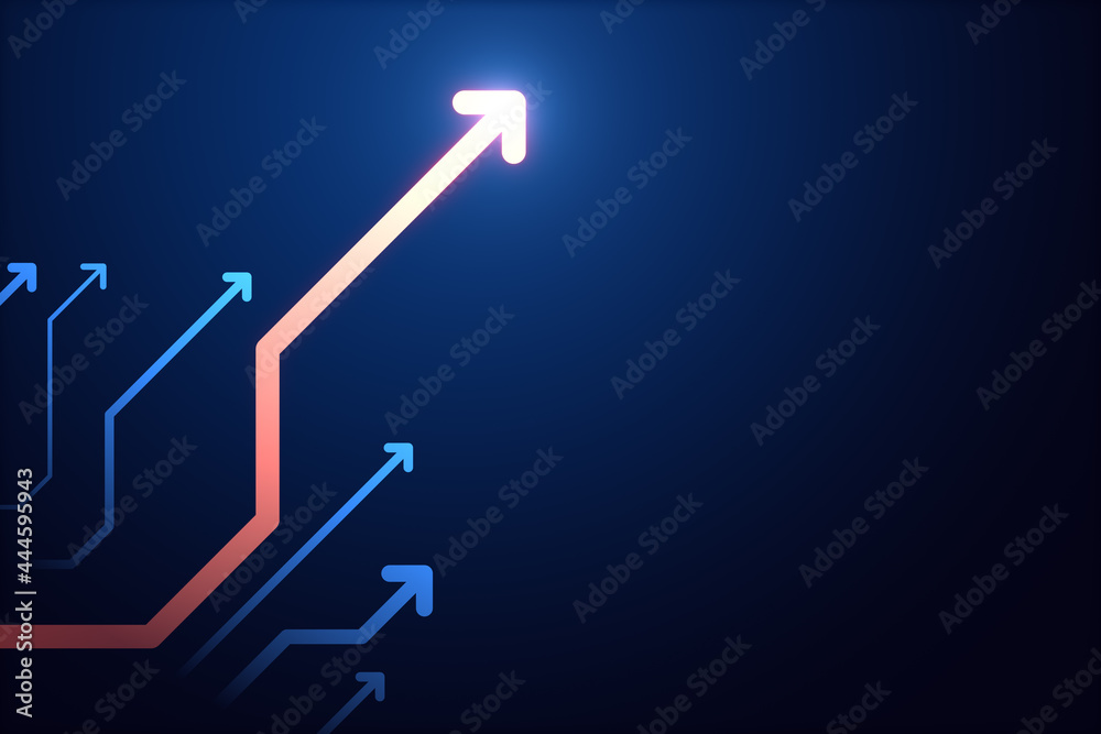 Abstract glowing digital arrows on blue backdrop with mock up place ...
