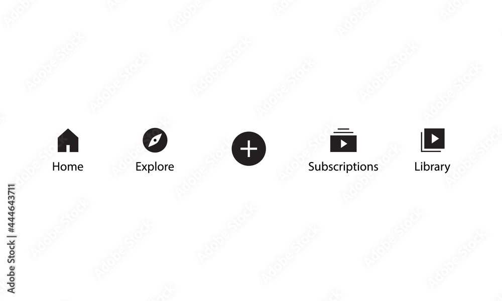 Home, Explore, Create, Subscriptions, Library. Icon Set of Streaming ...