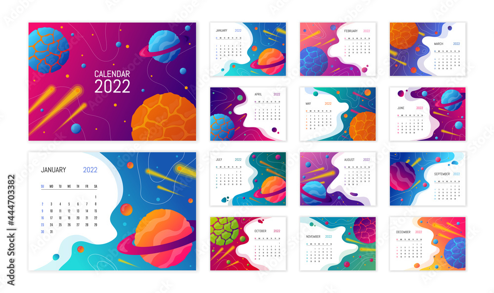 Space calendar template. Space background with planets and stars in ...