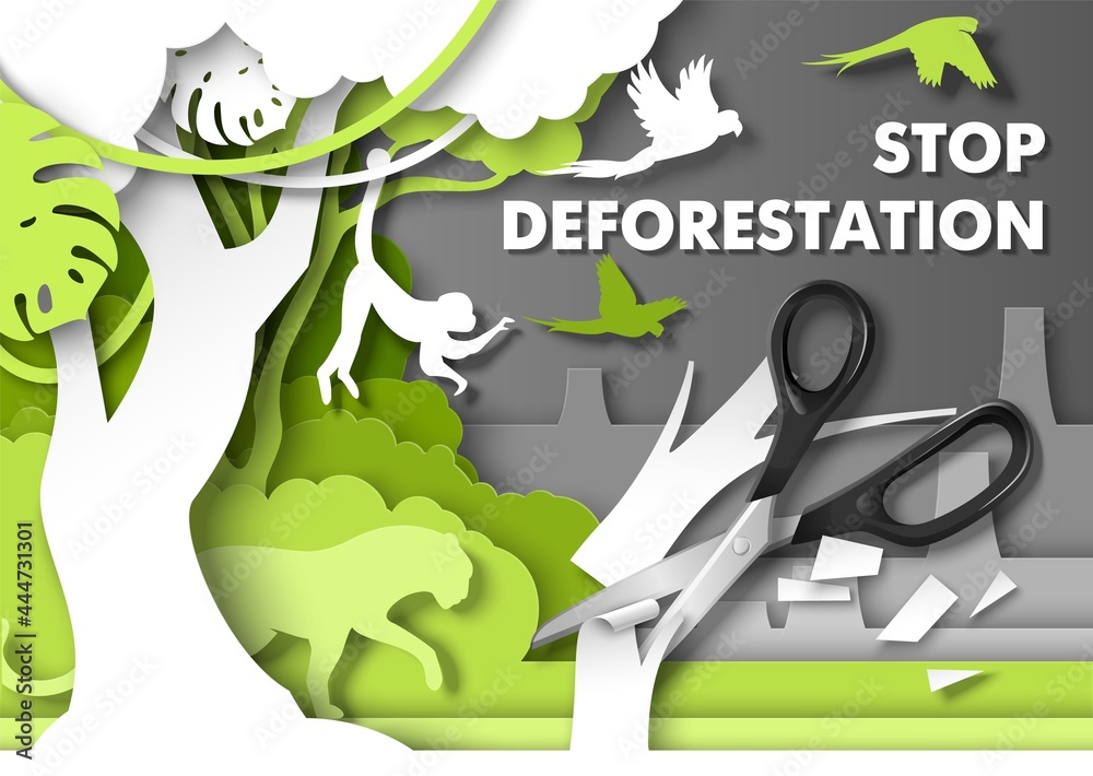 Stop deforestation poster. Jungle animals looking at scissors cutting ...