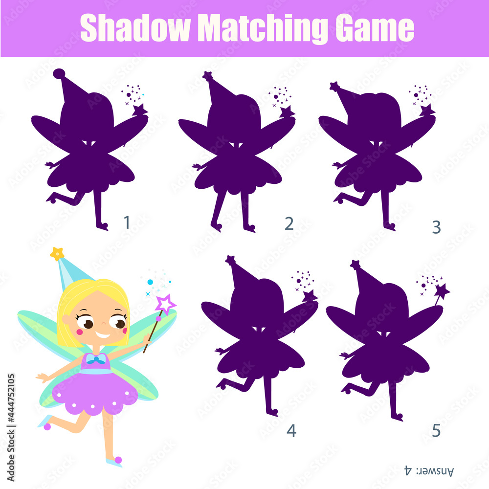 Shadow matching game. Kids activity with cartoon fairy. fun page for ...