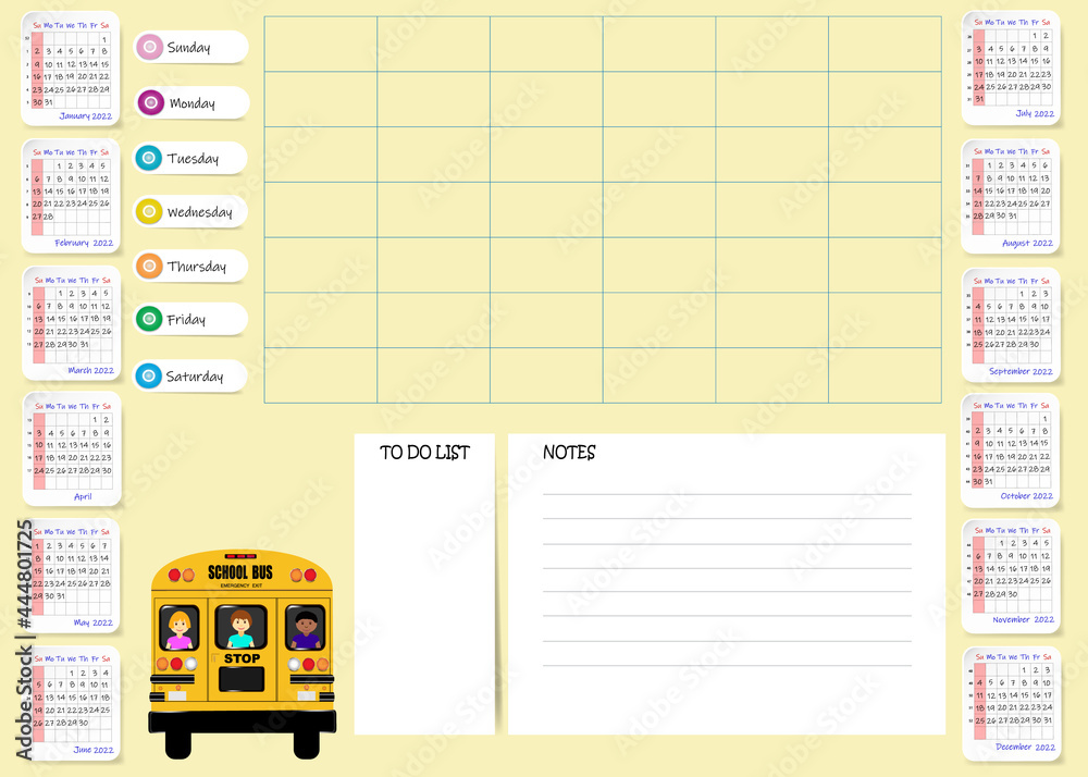 School weekly planner showing clear calendar for 2022 year and blank ...
