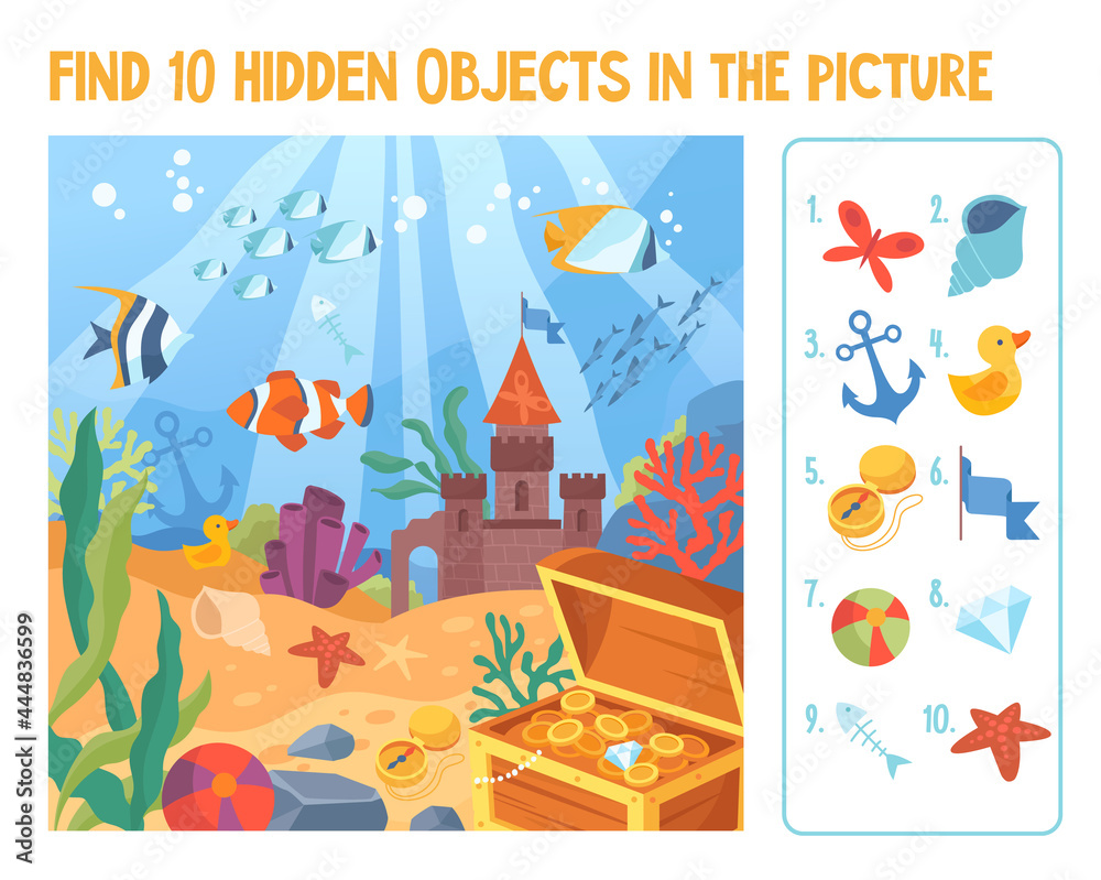 Marine life or underwater life concept. Find 10 hidden objects in the ...