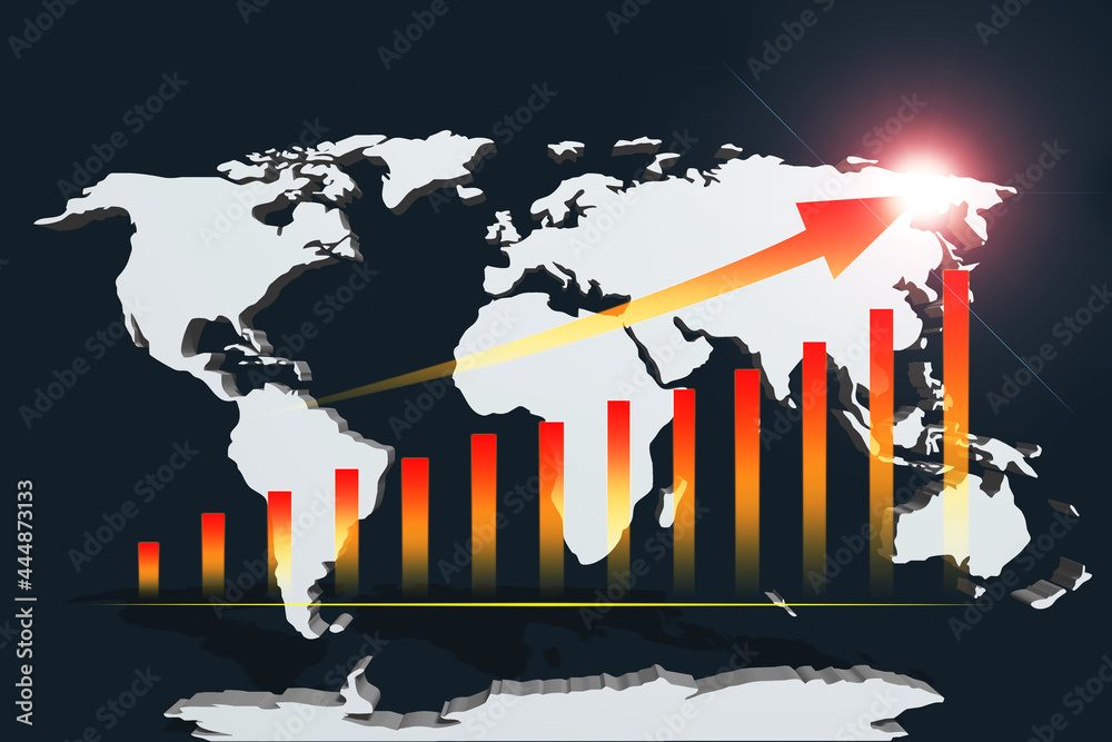 3d illustration gradient red bar graph chart and arrow line direction ...