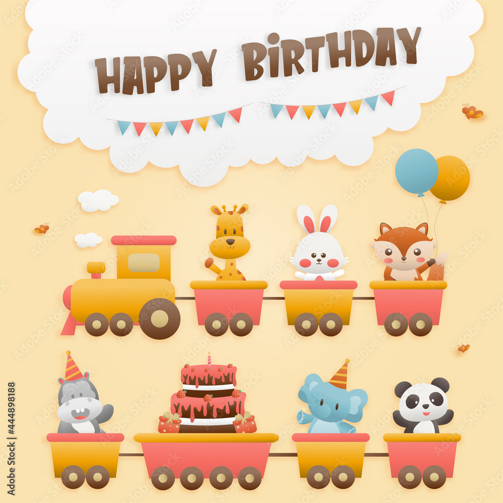 Cute giraffe, rabbit, fox on train birthday greeting card. jungle ...
