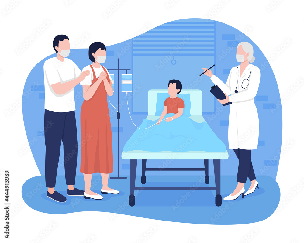 Child in hospital room 2D vector isolated illustration. Parents talking ...