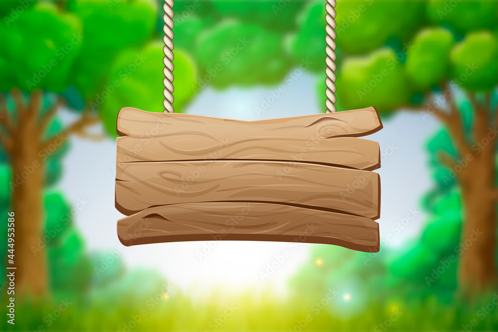 natural bokeh background with hanging empty wooden signboard on ...