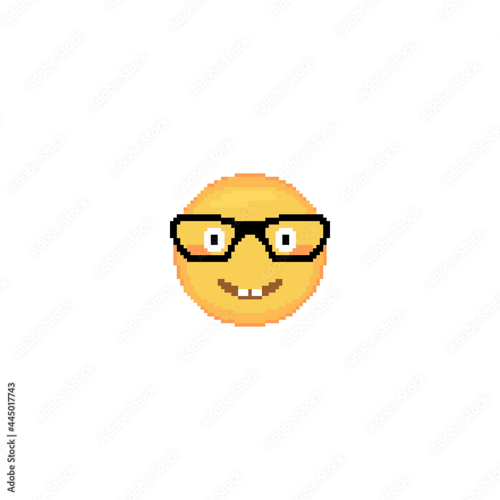 Pixel art Nerd Emoji face icon. Vector cute pixel nerdy emoticon in ...