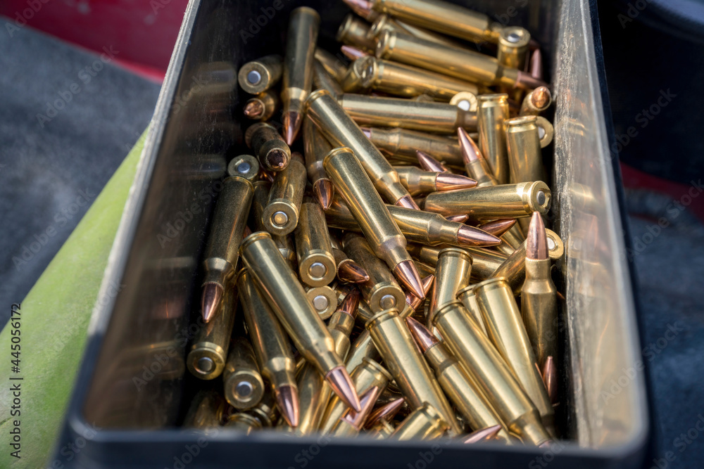 223 ammo copper bullets inside a rectangular black container Stock ...
