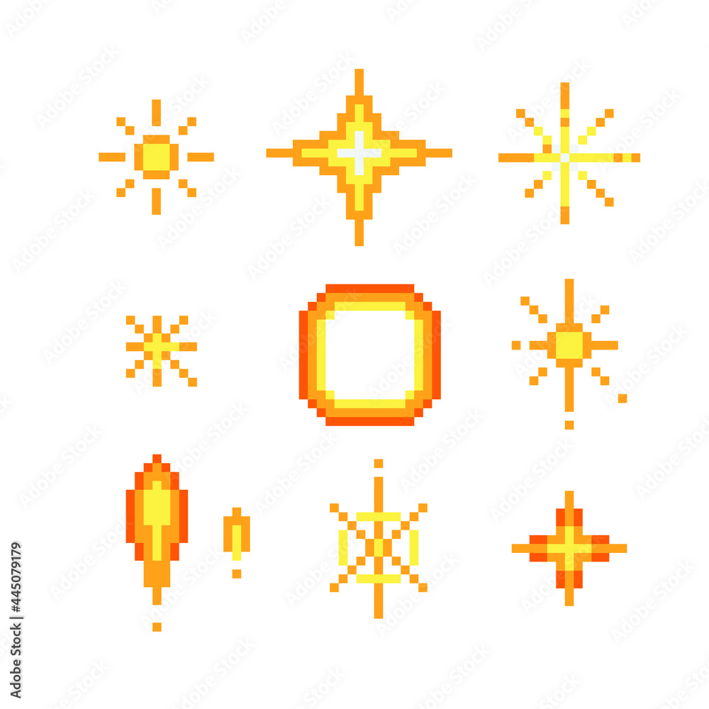 Pixel art abstract icons set. Fx light effects. Light symbols. Electric ...