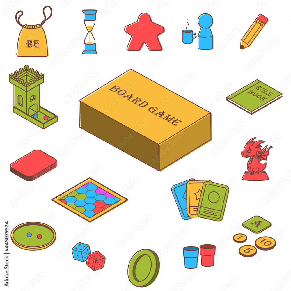 Board games set of icons. Dice and play pieces, markers and cards ...