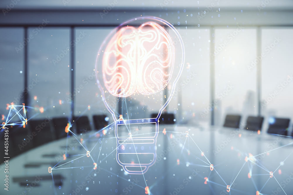 Abstract virtual idea concept with light bulb and human brain ...