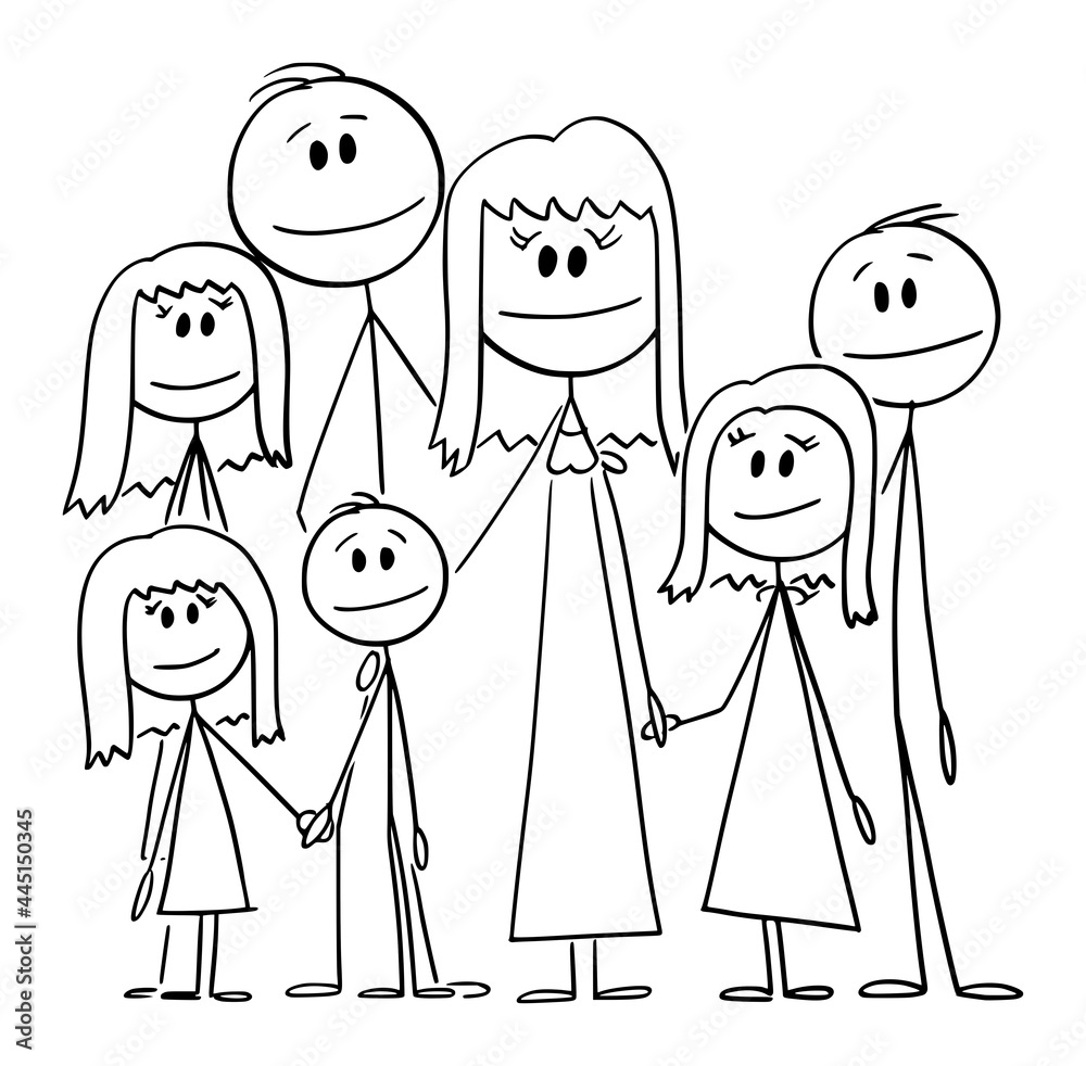 Portrait of Big Happy Family with Five Children, Vector Cartoon Stick ...