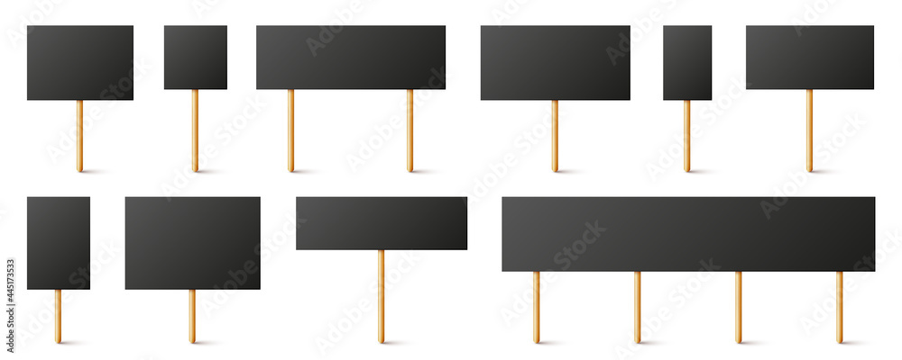 Blank black protest signs with wooden holder. Realistic vector ...