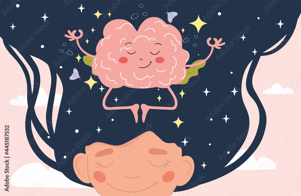 Calm brain meditation to relax balance or mental wellness concept. Girl ...