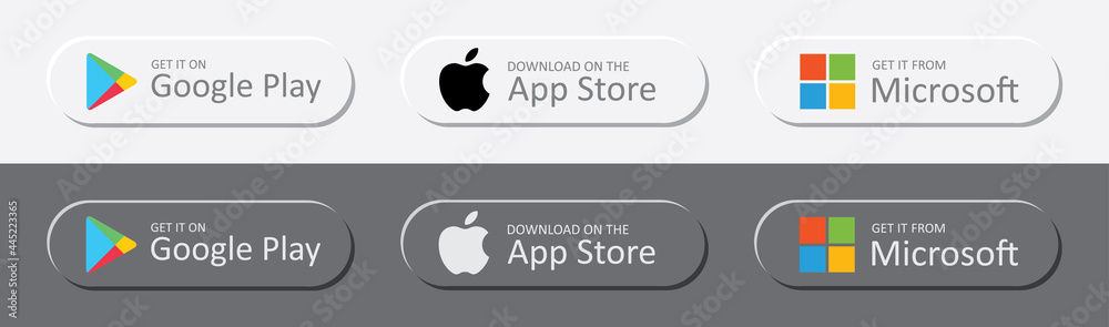 Set of Google Play Store, Apple App Store and Microsoft Store badges light and dark mode. Vector ...