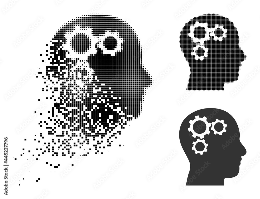 Erosion pixelated brain gears pictogram with wind effect, and halftone ...