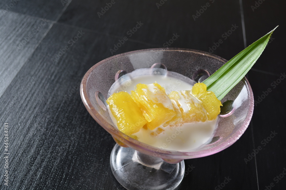 asian fresh cold tapioca with coconut milk cream sauce in glass Thai ...