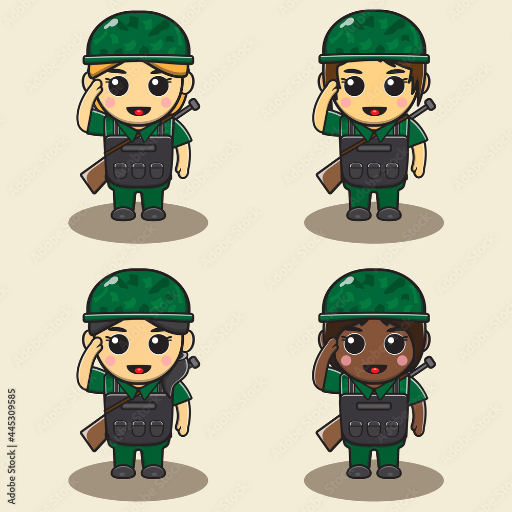 Vector de Stock Vector illustration of Cute little Female Soldier gun ...