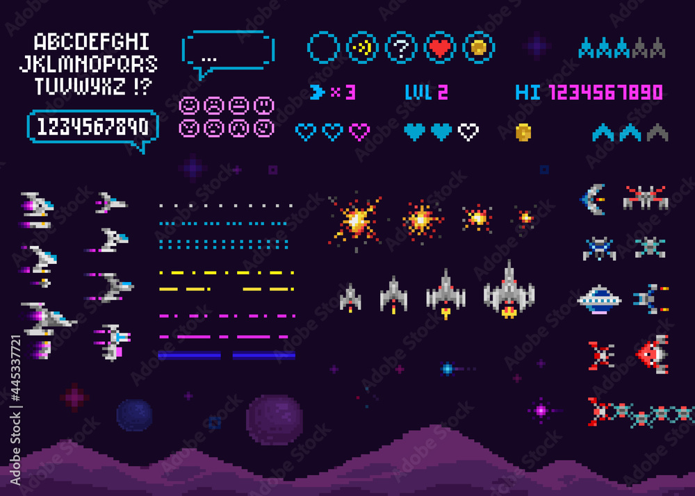 Retro Pixel Art 8 bit arcade game creator set with font alphabet. Ufo aliens, space ships ...