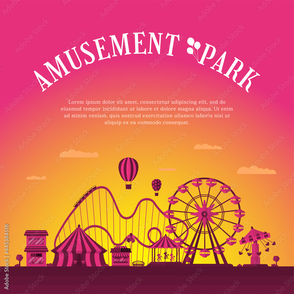 Amusement park banner design template. Circus carousels roller coaster ...