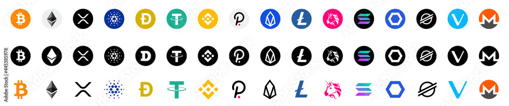 Cryptocurrency tokens icon set. Cryptocurrencies or crypto logos ...