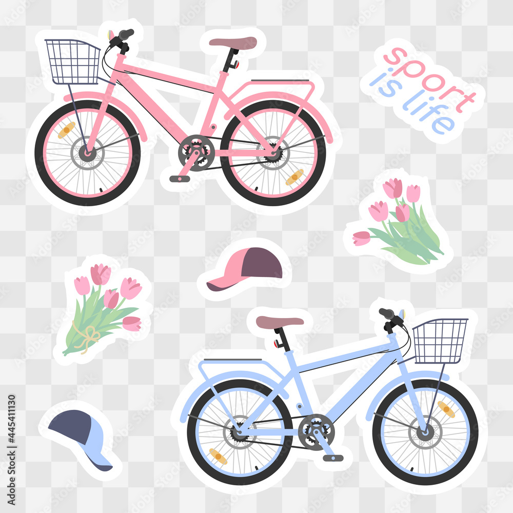 Sticker set with pink, blue retro bicycles, cycles with basket, flowers ...