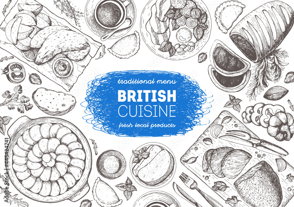 British cuisine top view frame. Food menu design with traditional ...