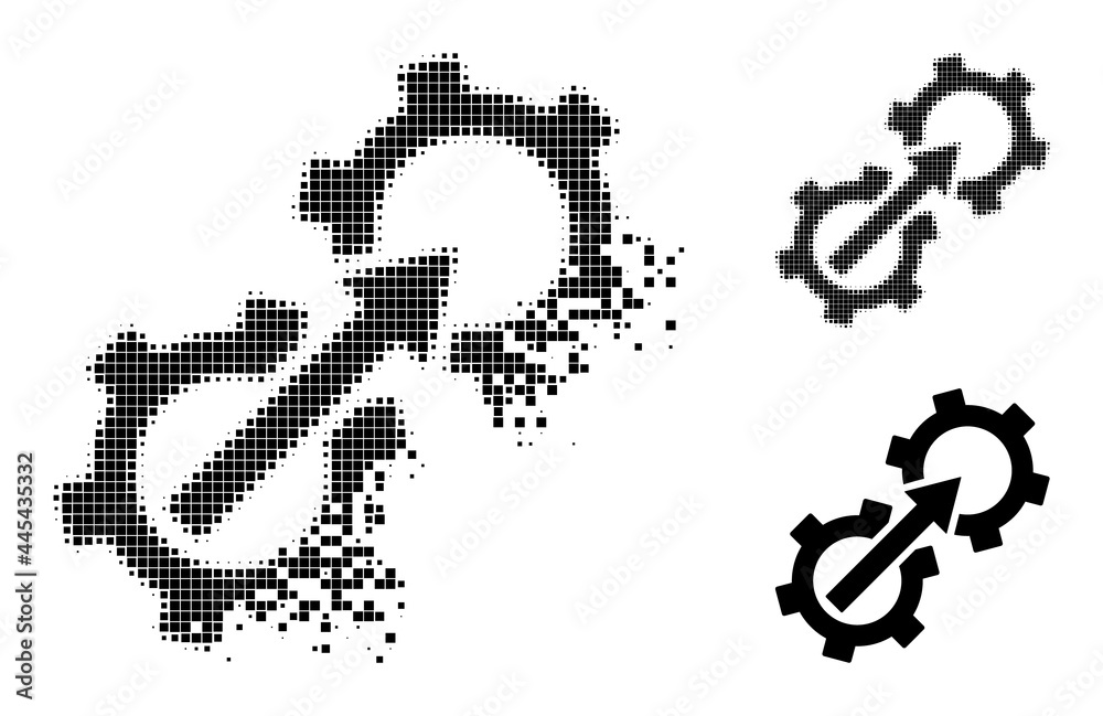 Disappearing pixelated gear integration pictogram with destruction ...
