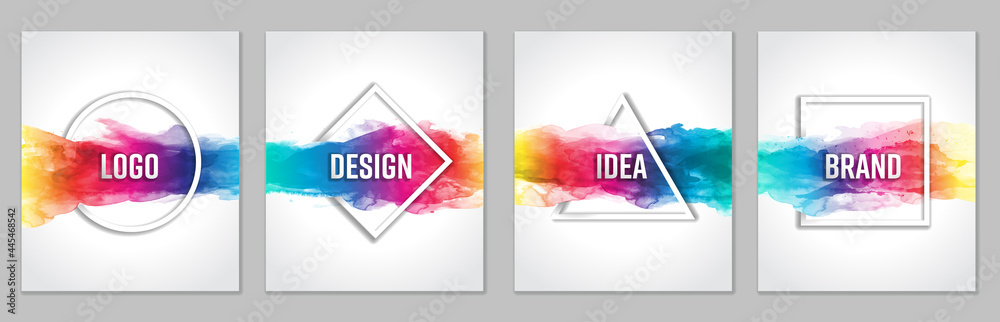 Watercolor splash background over geometric frame vector design, logo ...