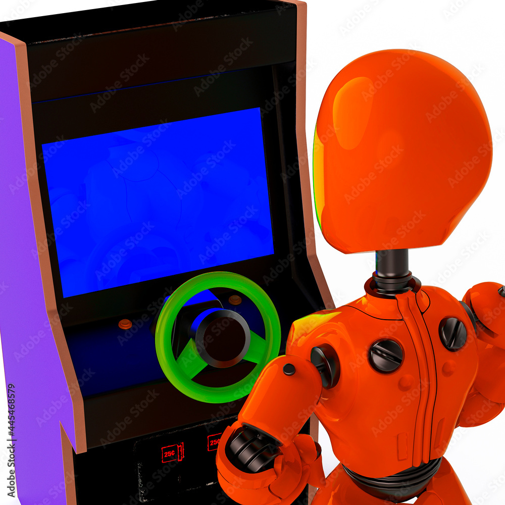 robot gir lwith a retro arcade videogame cabinet driving in white ...