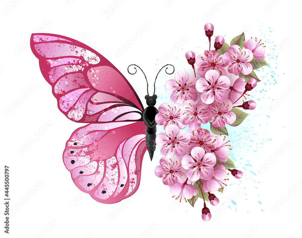 Flower butterfly with pink sakura Stock Vector | Adobe Stock