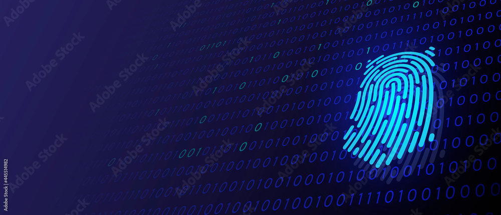 Future security technology. Fingerprint scan provides security access with binary code on deep ...