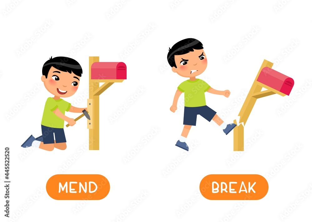 MEND and BREAK antonyms word card, opposites concept. Flashcard for ...