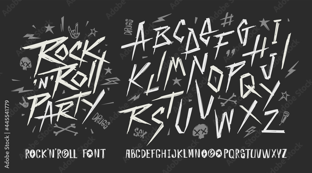 เวกเตอร์ Stock Rock n roll vintage sign and grunge style font alphabet ...