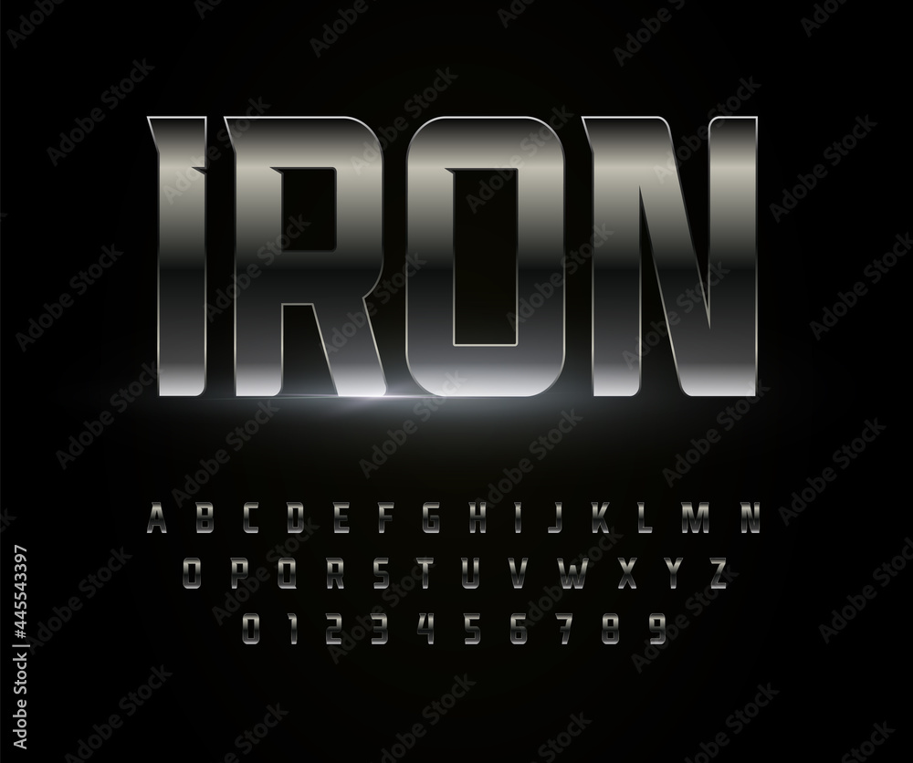 Iron font alphabet Metal steel chrome letters. Stainless metallic ...