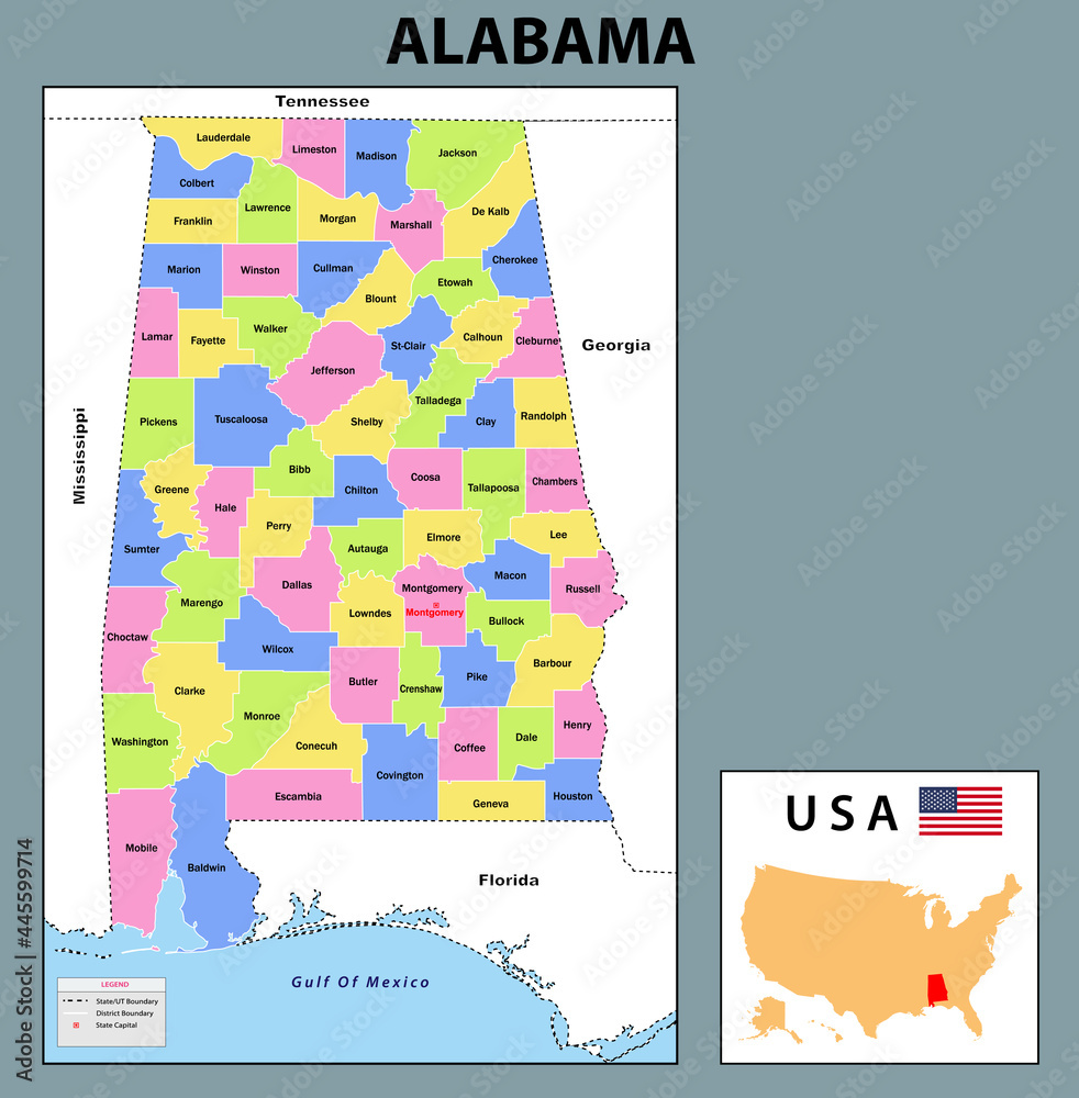 Illustration Stock Alabama Map. State and district map of Alabama ...