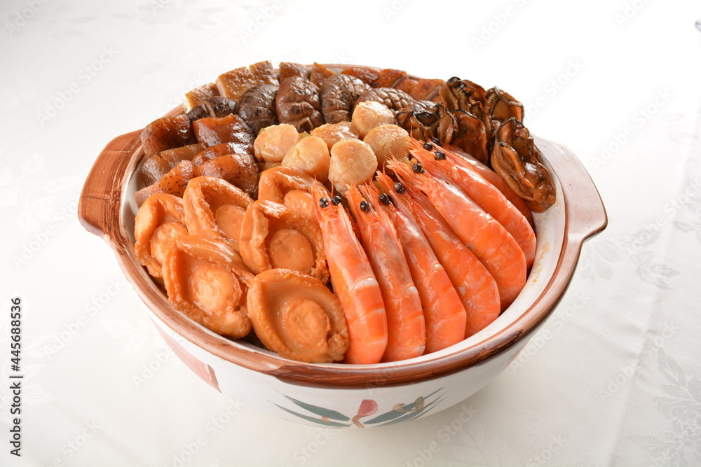 stewed braised luxury Peng cai with mixed seafood tiger prawn, scallop ...