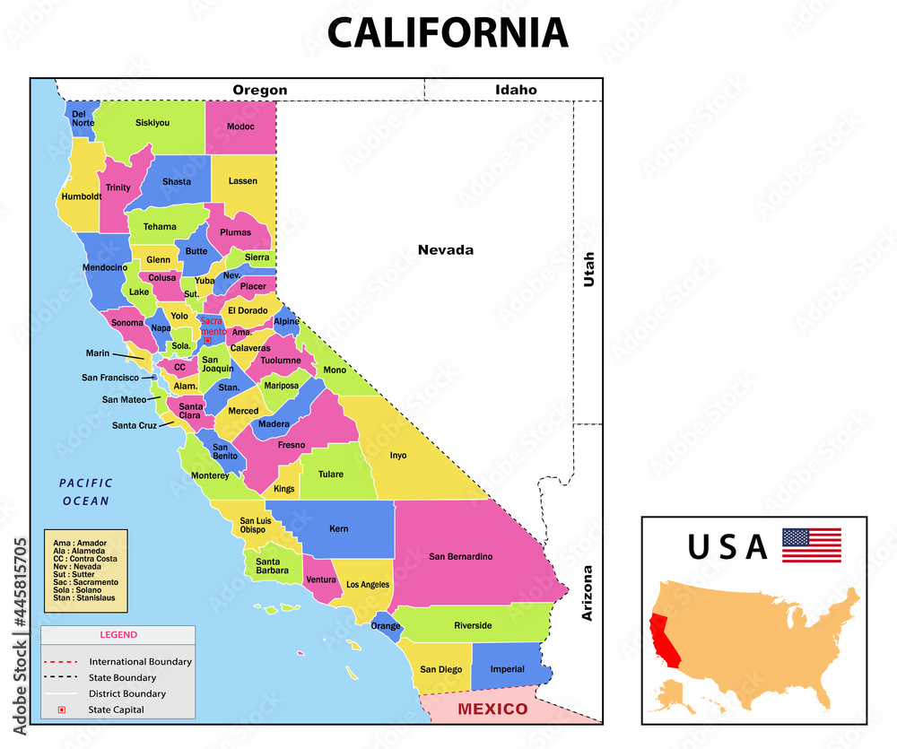 California Map. State and district map of California. Administrative ...
