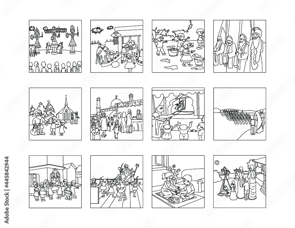 Indian Festivals Line Drawing clipart - dussehra, deepawali, holi ...