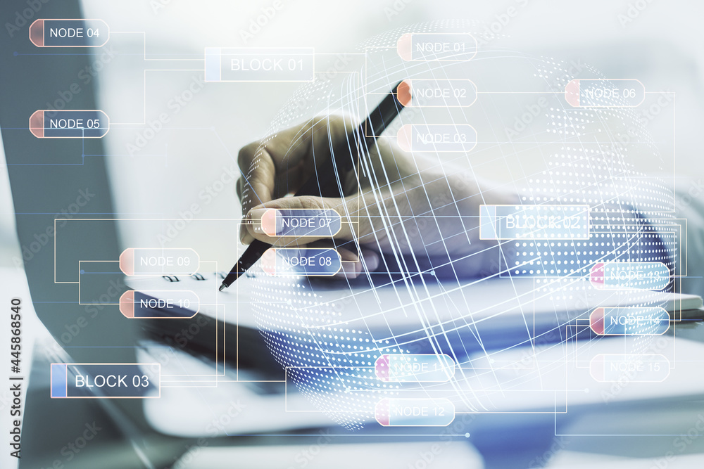 Multi exposure of abstract programming language hologram with world map ...