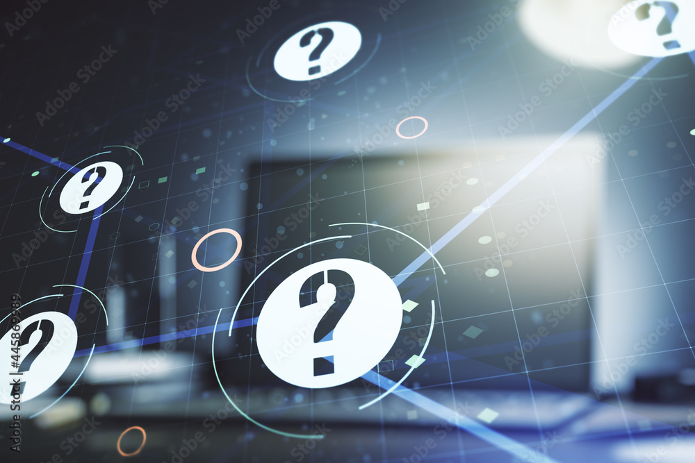 Creative abstract question mark hologram on modern computer background ...