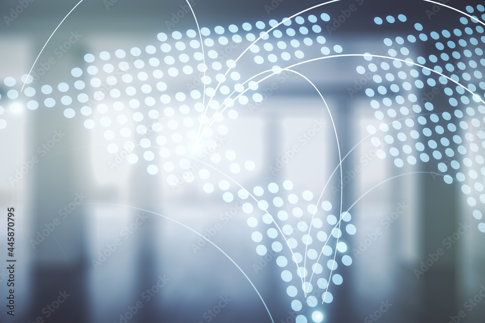 Abstract virtual world map with connections on empty corporate office ...