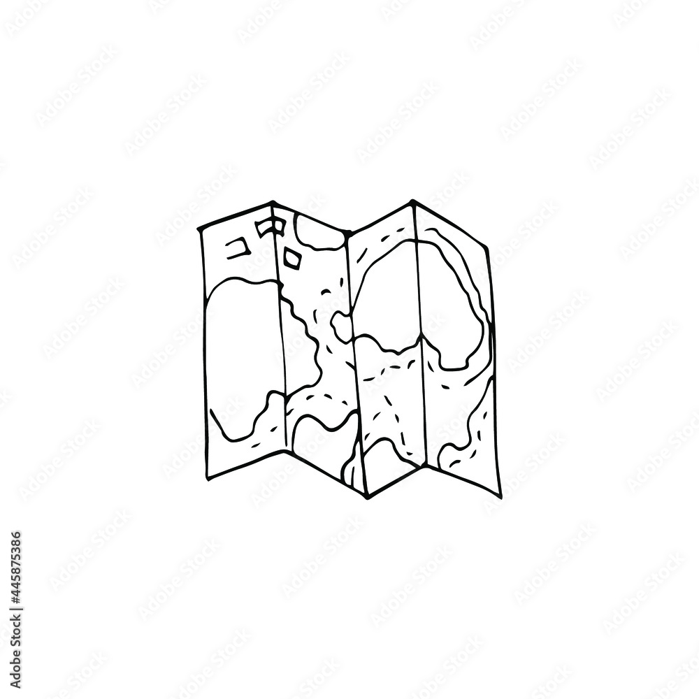 Folded paper map with hand drawn editable doodle route icon. Map for ...