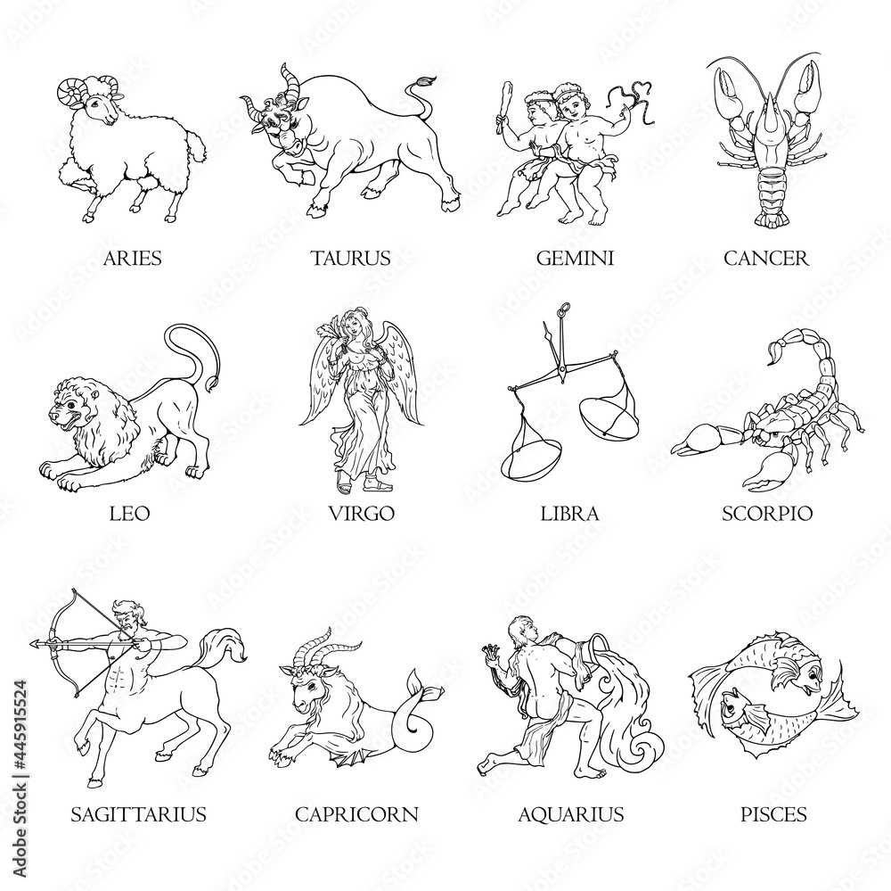 Zodiac symbols set. Sketch style Zodiac signs. Hand drawn astrological ...