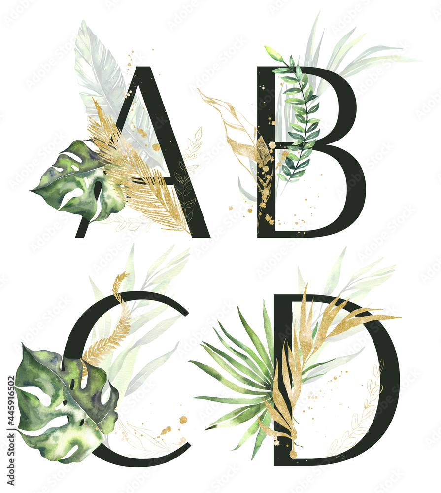 ภาพประกอบ Stock Tropical green and gold floral Alphabet collection ...
