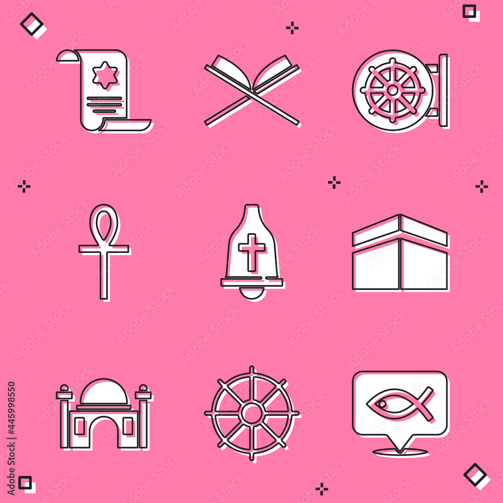 Set Torah scroll, Holy book of Koran, Dharma wheel, Cross ankh, Church ...