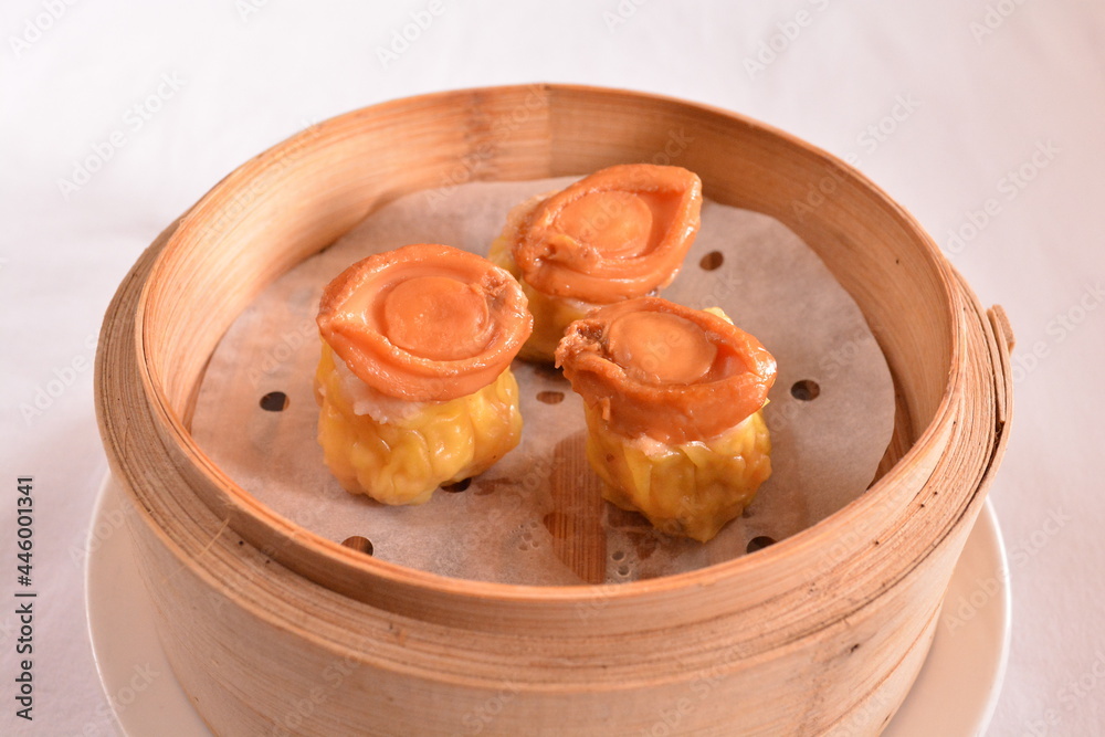 Hong Kong steamed siew mai meatball dumpling with wanton skin abalone ...