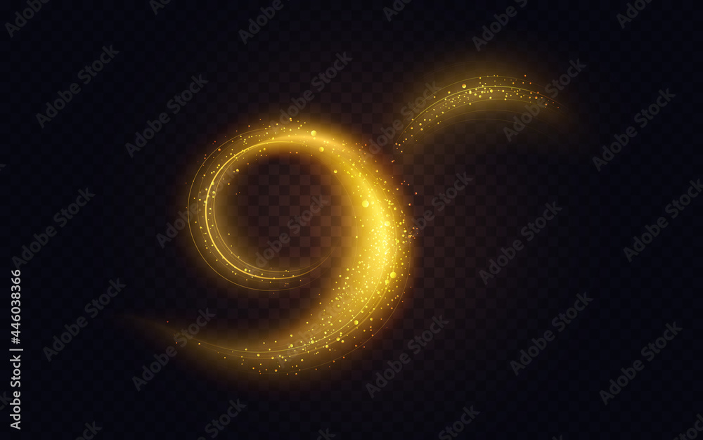 Golden luminous swirl shape, abstract light effect vector illustration. Luxury sparkling neon ...