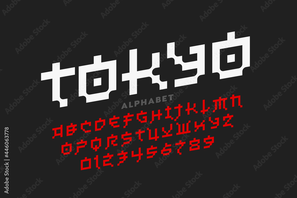 Pixel Japanese style Latin font design, alphabet letters and numbers ...